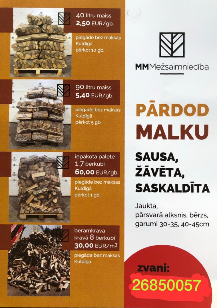 Pārdod - Malka, briketes, granulas Skaldīta malka